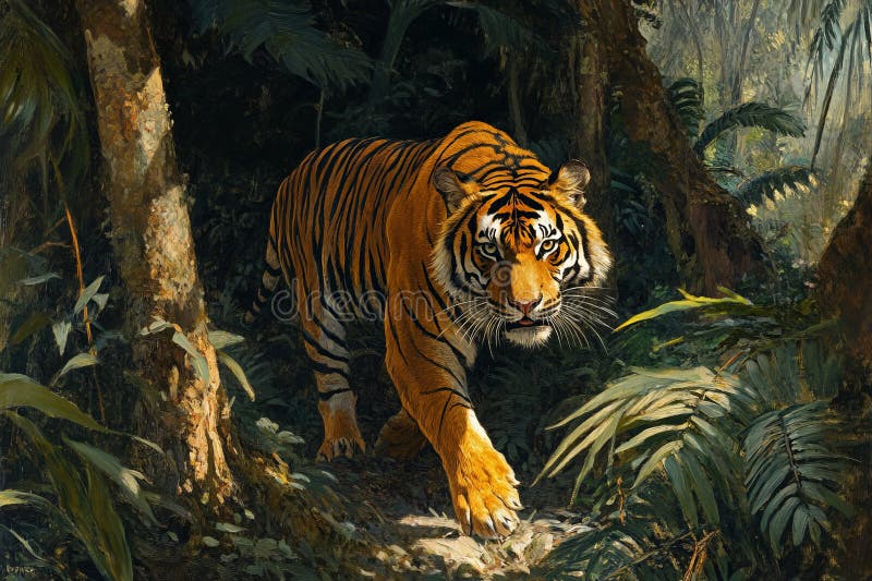 A Fierce Tiger Prowling through a Jungle, Its Stripes Blending into the ...