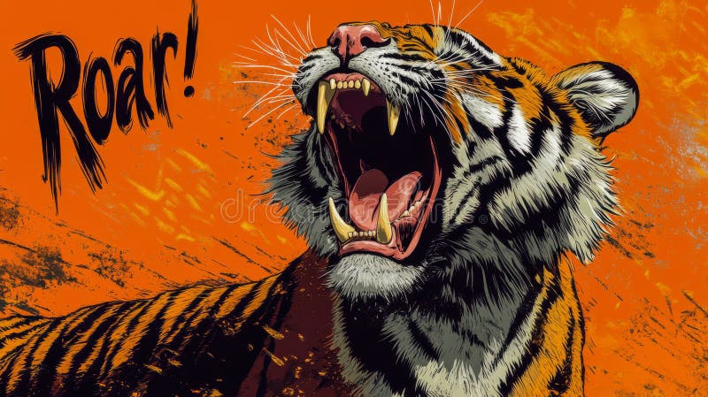 Fierce Tiger Roaring Against Vivid Orange Abstract Background Art Stock ...