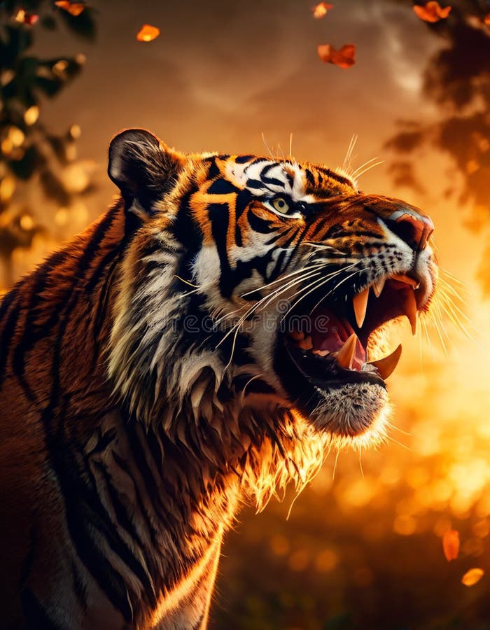 Fierce Tiger Roaring in a Dramatic Sunset Forest Stock Image - Image of ...