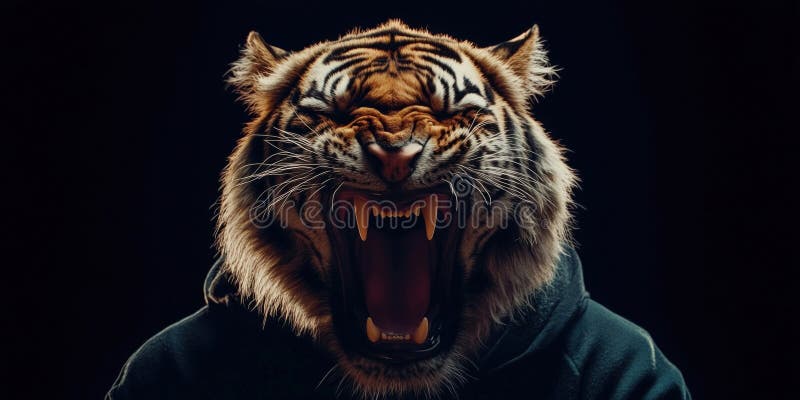 Fierce Tiger Roaring with Intense Expression and Detailed Fur Texture ...