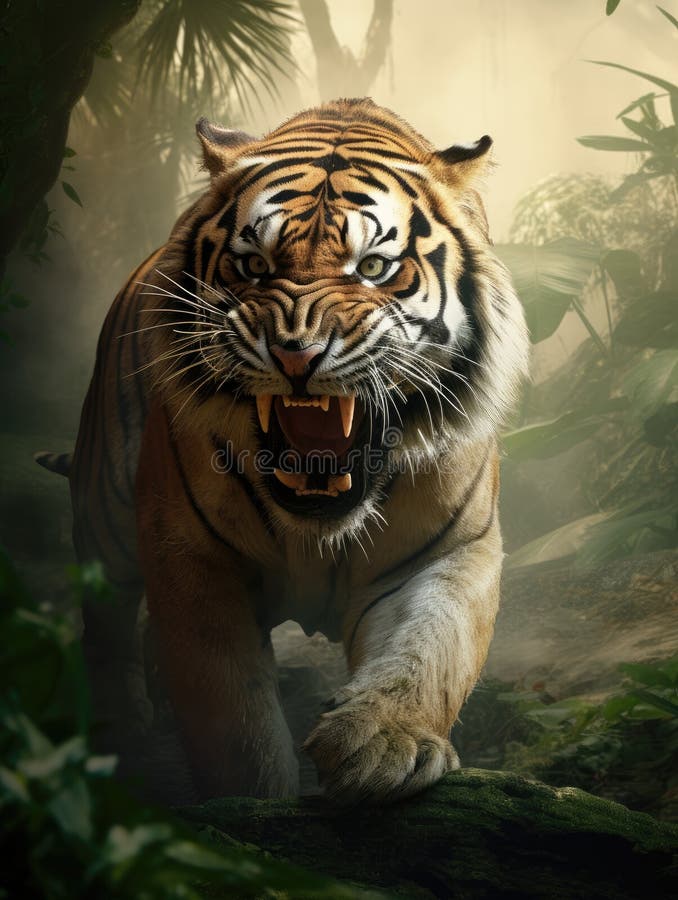Fierce Tiger Roaring in a Misty Jungle Stock Illustration ...