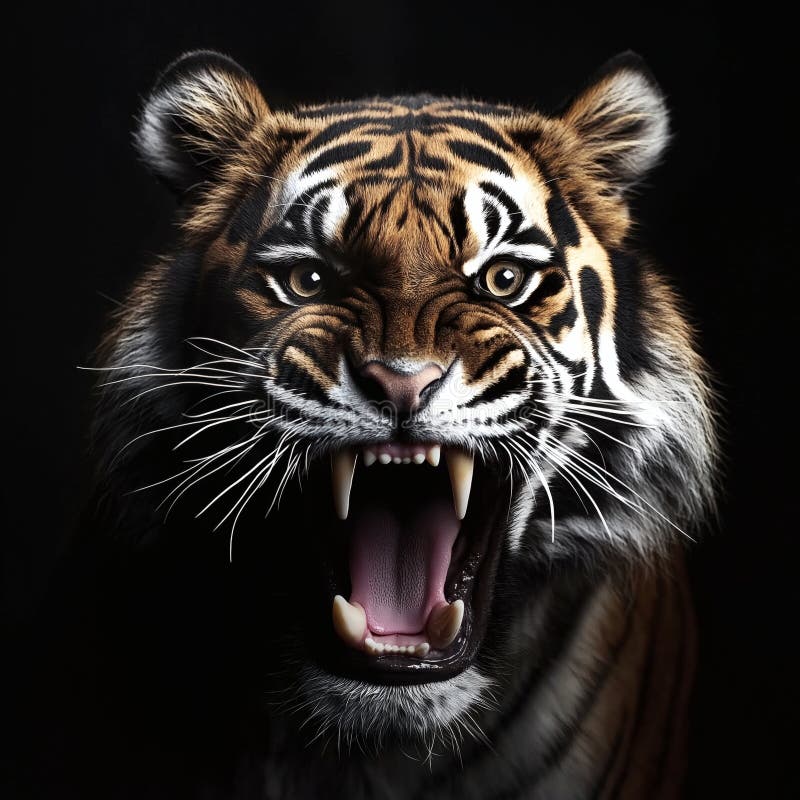 Fierce Tiger Roaring with Sharp Teeth Display on Black Background Stock ...