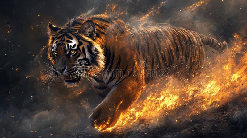 Fierce Tiger Running through Fire Stock Illustration - Illustration of ...