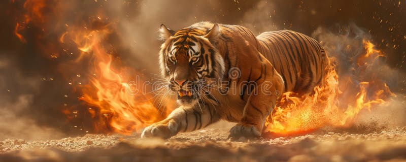 Fierce Tiger Running through Fire with Intense Expression Stock Photo ...