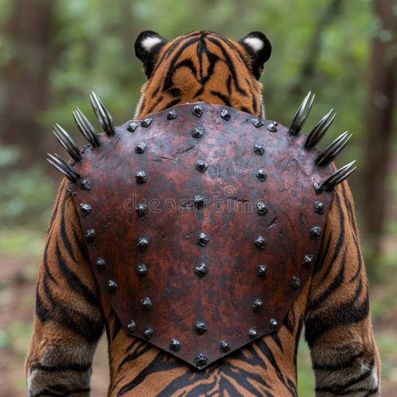 Fierce Tiger with Spiked Shield Stock Illustration - Illustration of ...