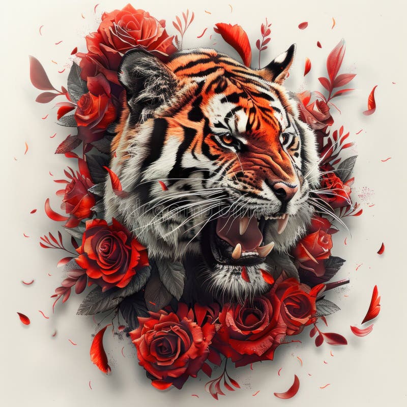 Fierce Tiger Surrounded by Red Roses. Generative Ai Stock Illustration ...