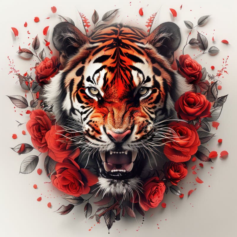 Fierce Tiger Surrounded by Red Roses. Generative Ai Stock Illustration ...