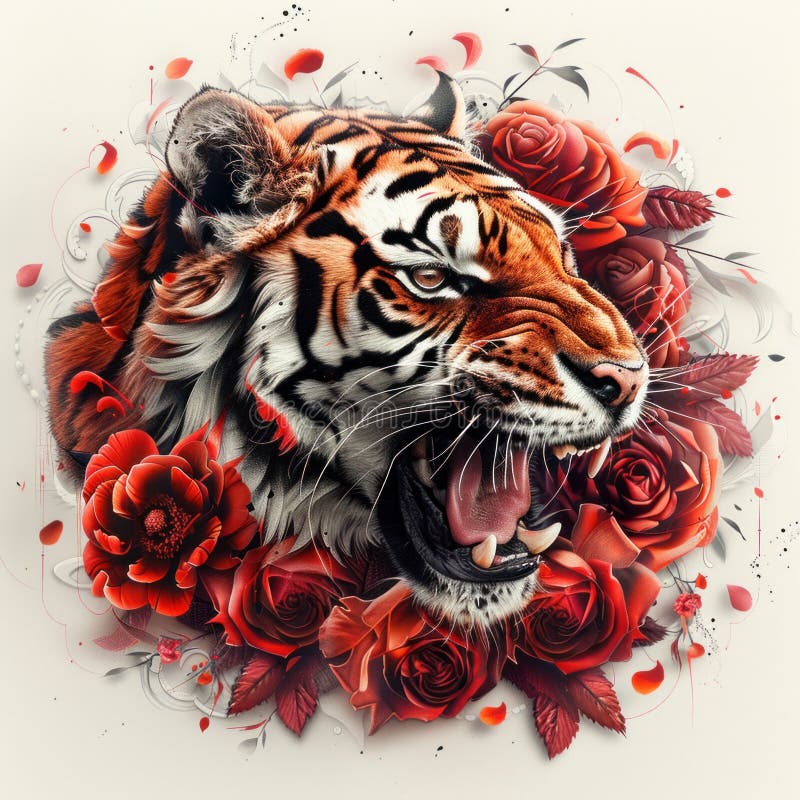Fierce Tiger Surrounded by Red Roses. Generative Ai Stock Illustration ...