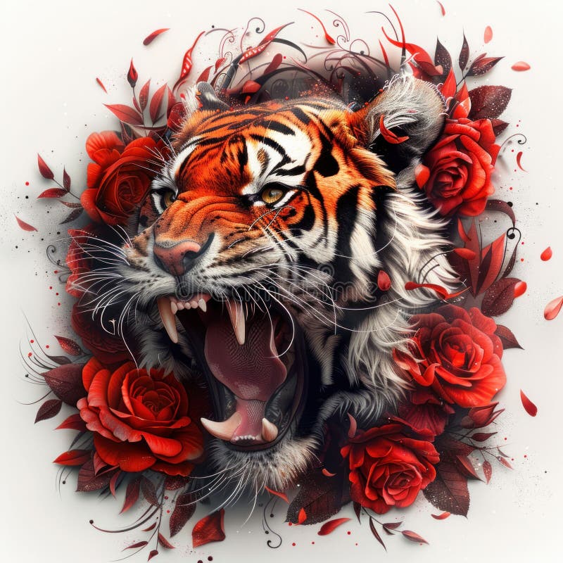 Fierce Tiger Surrounded by Red Roses. Generative Ai Stock Illustration ...