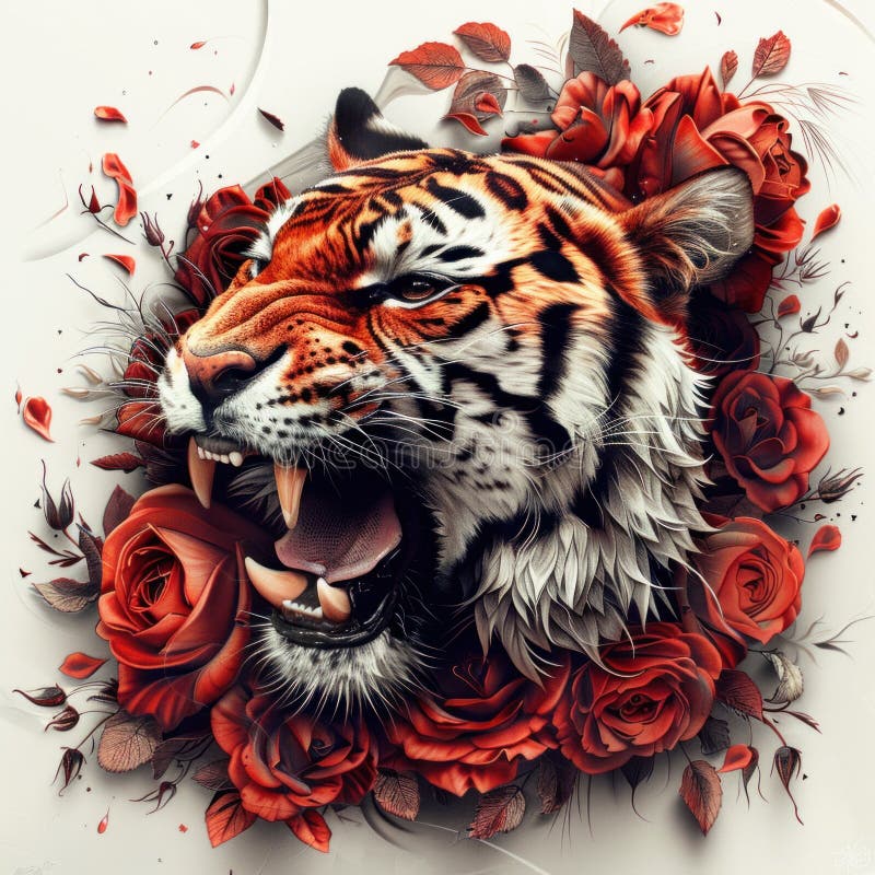 Fierce Tiger Surrounded by Red Roses. Generative Ai Stock Illustration ...