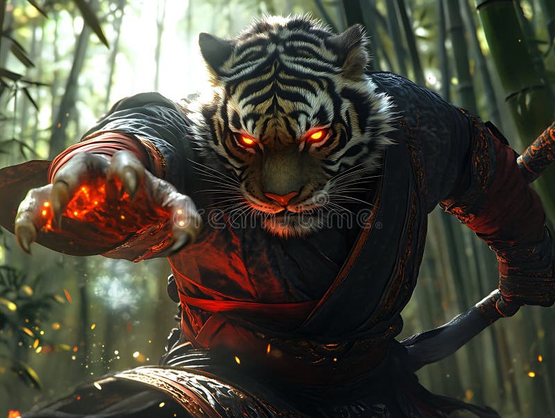 Fierce Tiger Warrior in Bamboo Forest, Dynamic Action Pose Stock ...