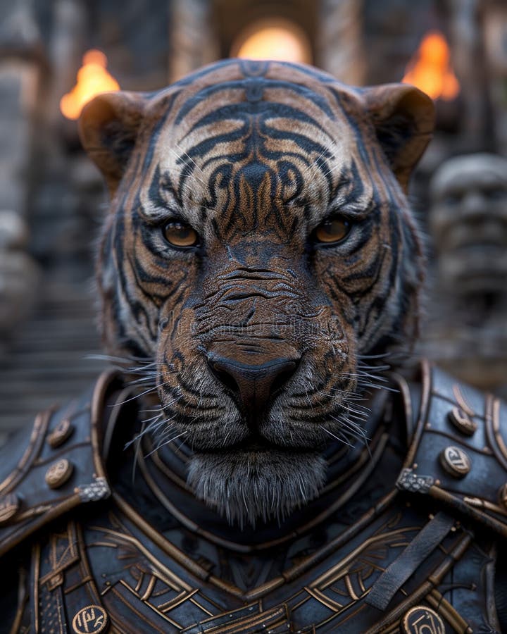 Tiger Warrior Guarding Treasure Cave Wearing Armor Illustration Stock ...