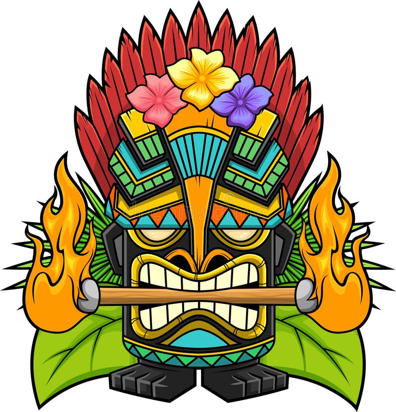 Fierce Tiki Mask with Fire Torches, Feathers, and Tropical Flowers ...