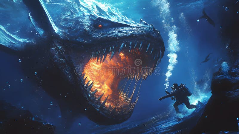 Fierce Underwater Battle between Diver and Mythical Sea Monster Stock ...