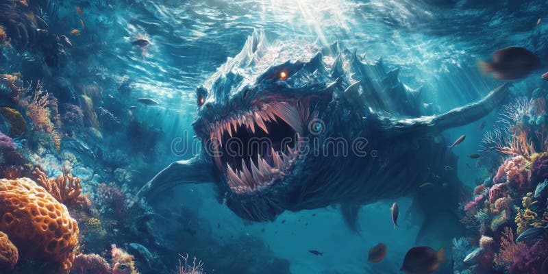 Fierce Underwater Monster Emerging from Vibrant Coral Reef in Deep ...