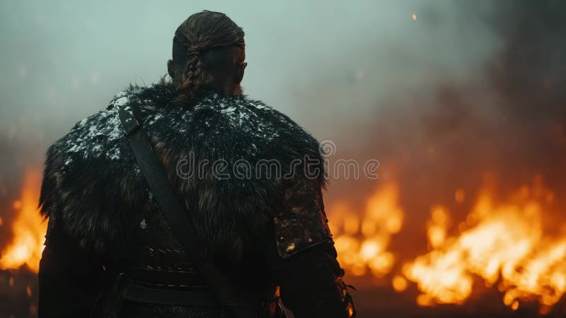 Medieval Viking Warrior Standing by Fire in Fur Coat Stock Footage ...