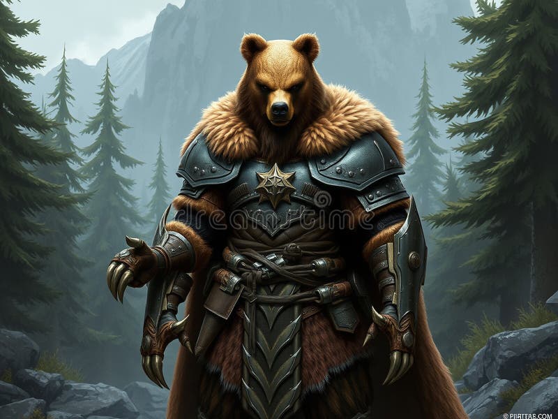 A Fierce Warrior Clad in Armor Intricately Inspired by a Bear, Standing ...