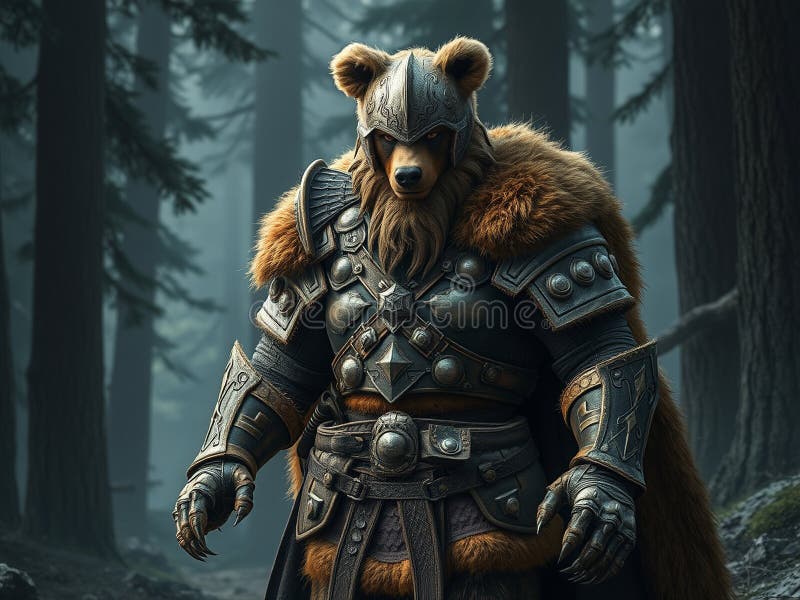 A Fierce Warrior Clad in Armor Intricately Inspired by a Bear, Standing ...