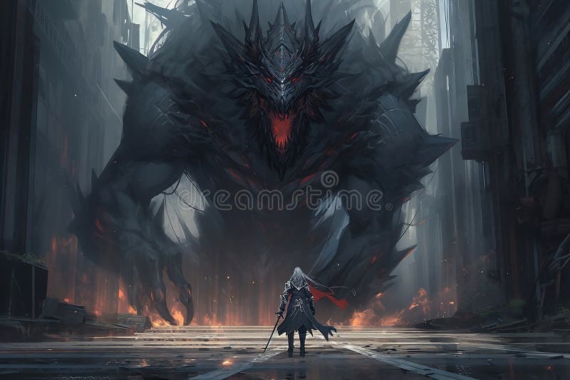 A Fierce Warrior Facing Down a Terrifying Monster - Generative AI Stock ...
