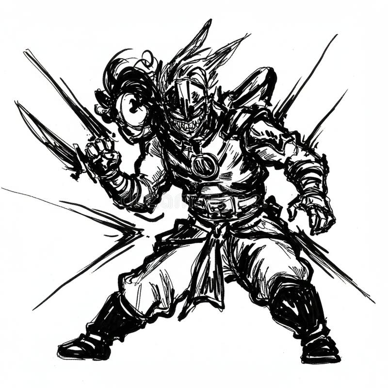 Fierce Warrior Ink Sketch Features Stylized Armor and Dynamic Pose. the ...