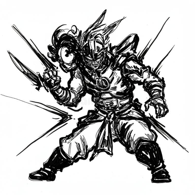 Fierce Warrior Ink Sketch Features Stylized Armor and Dynamic Pose. the ...