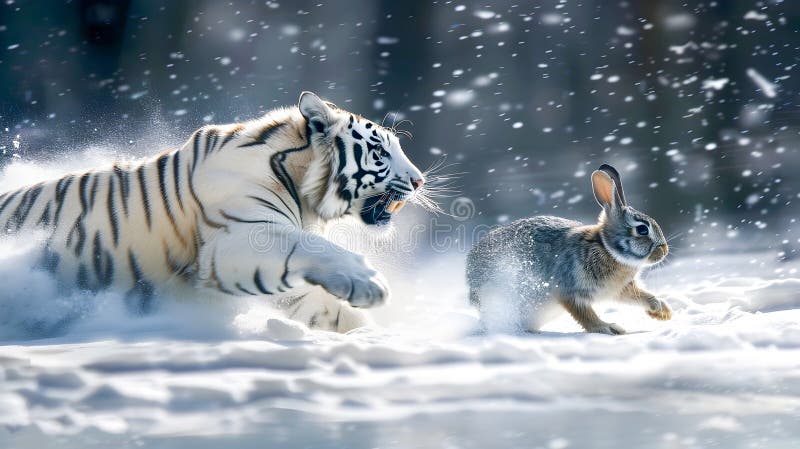 Fierce White Tiger Aggressively Chasing a Speeding Wild Rabbit through ...