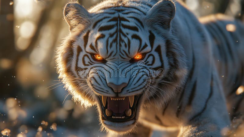 Fierce White Tiger with Glowing Orange Eyes in a Snowy Forest. Stock ...