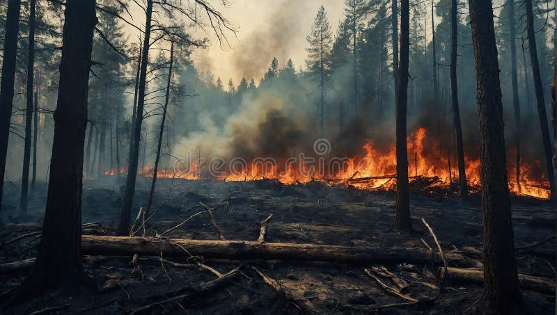 A Fierce Wildfire Engulfs a Dense Forest, with Towering Flames and ...