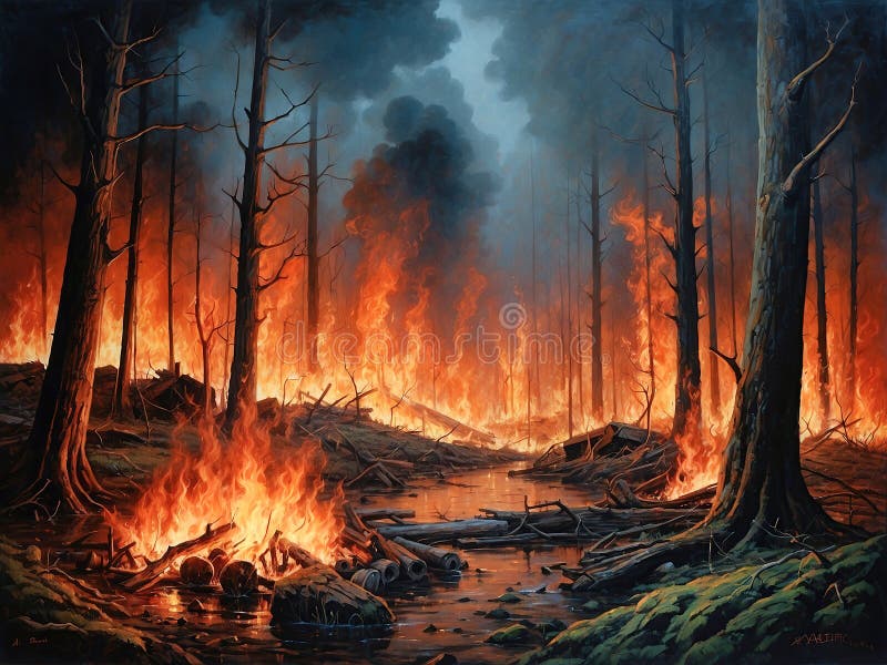 A Fierce Wildfire Engulfs a Dense Forest, with Towering Flames and ...