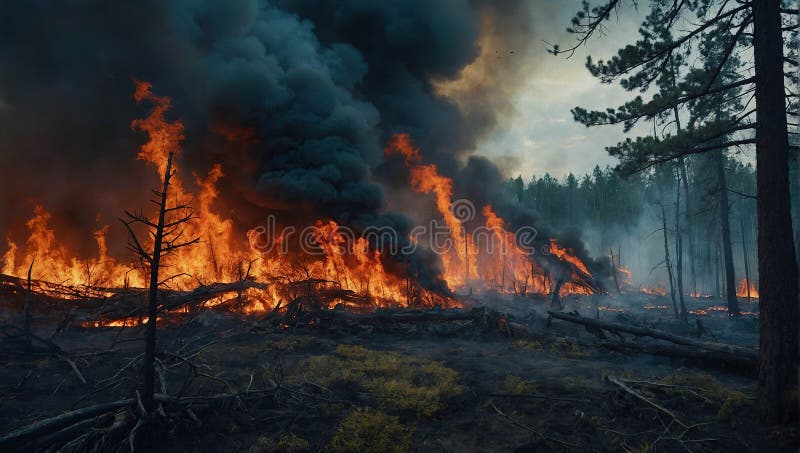 A Fierce Wildfire Engulfs a Dense Forest, with Towering Flames and ...