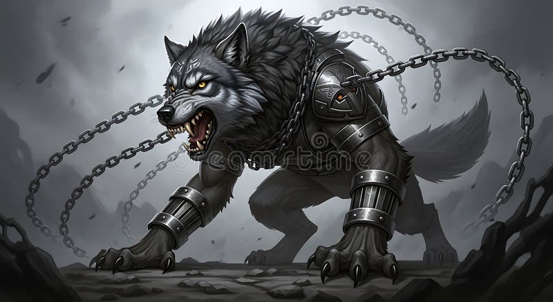 Fierce Wolf Creature with Metallic Armor and Chains Roaring in Dramatic ...