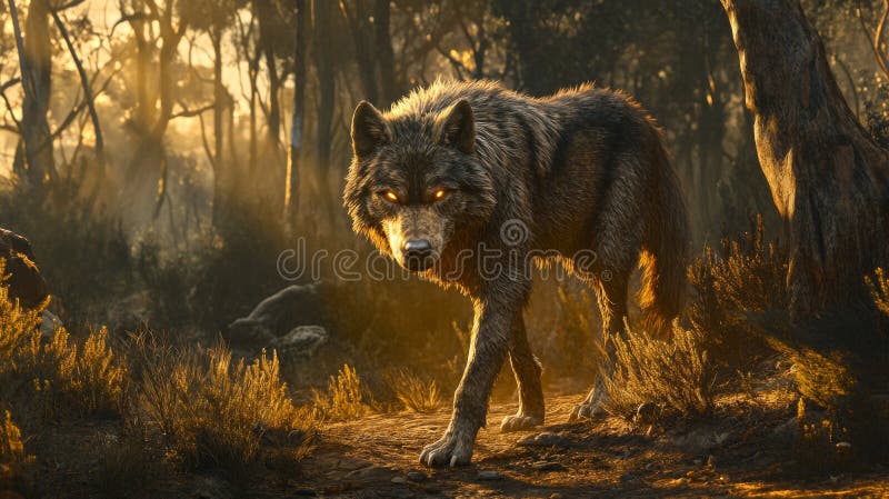 Fierce Wolf in a Forest at Golden Hour Stock Photo - Image of forest ...