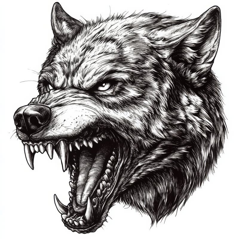 Fierce Wolf Head Growling, Mouth Open with Sharp Fangs Exposed ...