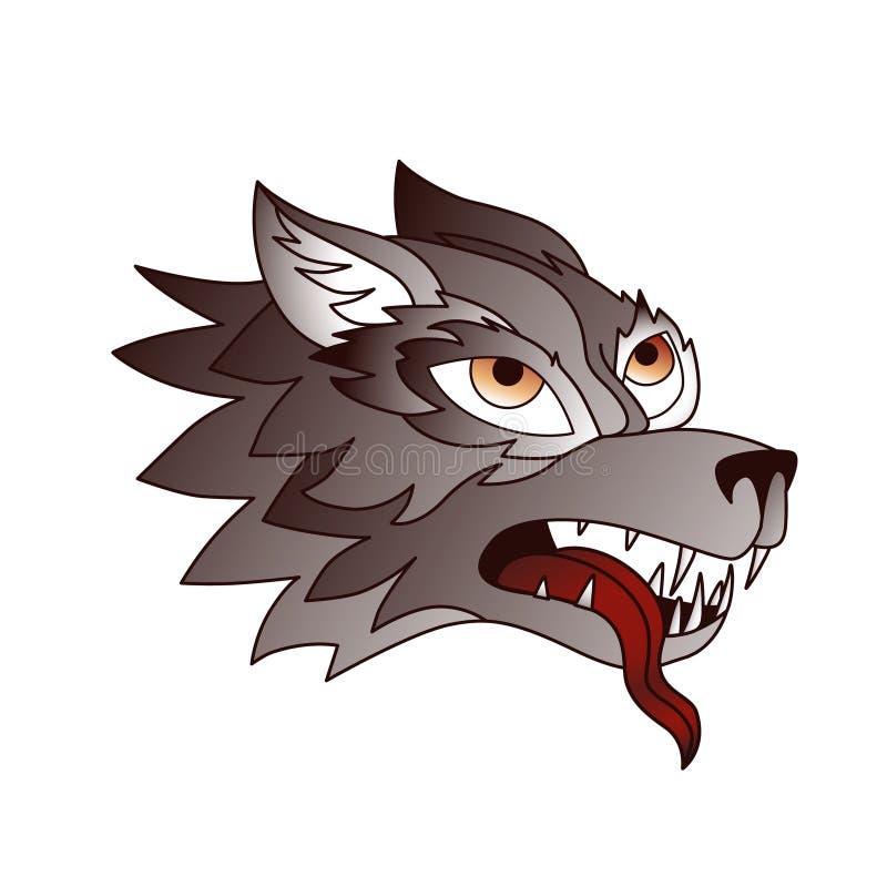 Fierce Wolf Head Illustration with Sharp Fangs and Red Tongue in ...