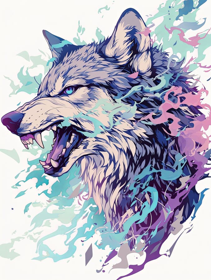 Fierce Wolf Head Profile in Vibrant Pastel Color Splashes Stock ...
