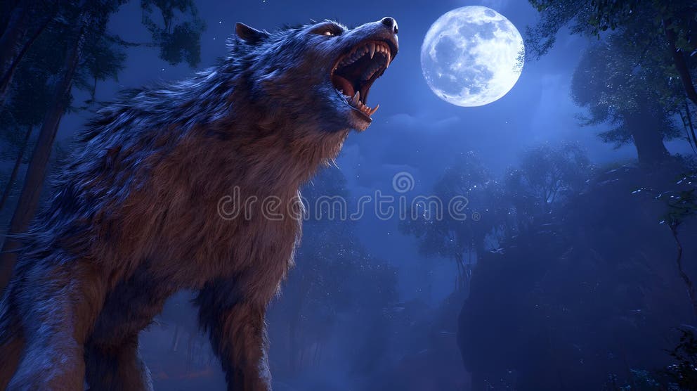 A Fierce Wolf Howls Under a Full Moon in a Dark Forest Setting Stock ...
