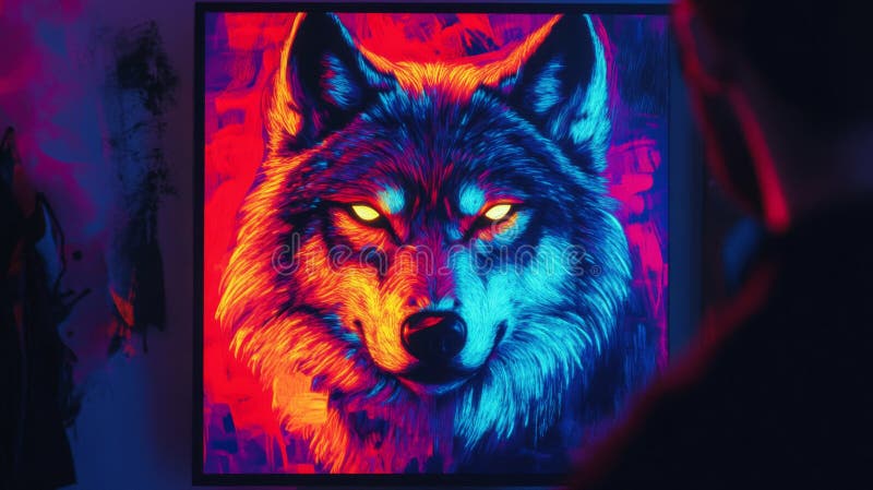 Fierce Wolf Portrait in Vivid Red and Blue Digital Art Stock ...