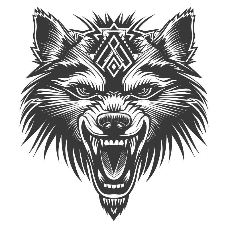 Aggressive Wolf Head Illustration, Black and White Graphic Design Stock ...