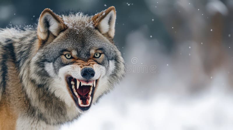 Fierce Wolf Showing Sharp Teeth in a Snowy Landscape Representing ...