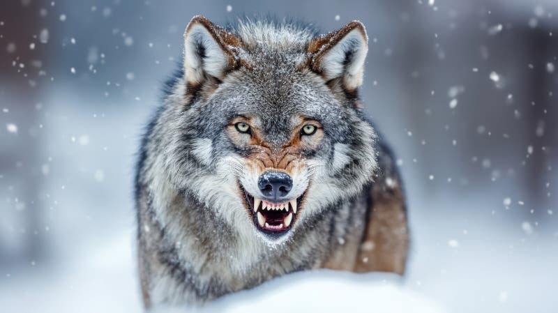 Fierce Wolf Showing Sharp Teeth in a Snowy Landscape Representing ...