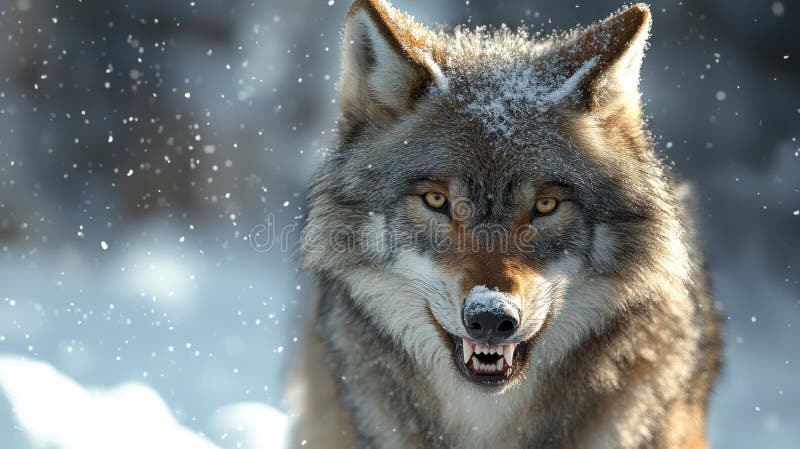 Fierce Wolf Showing Sharp Teeth in a Snowy Landscape Representing ...