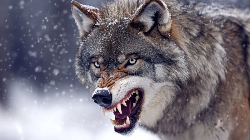 Fierce Wolf Showing Sharp Teeth in a Snowy Landscape Representing ...