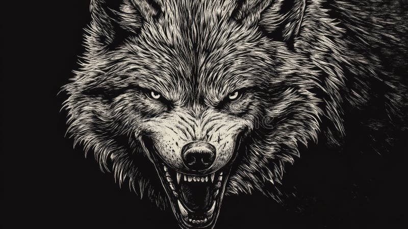 Fierce Wolf in Woodcut Style with Sharp Etching and Three-dimensional ...