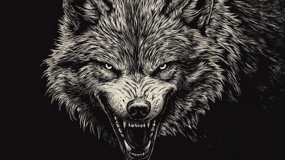 Fierce Wolf in Woodcut Style with Sharp Etching and Three-dimensional ...