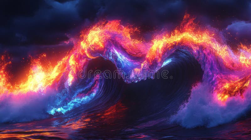 Fiery Abstract Wave at Night Digital Art Stock Illustration ...