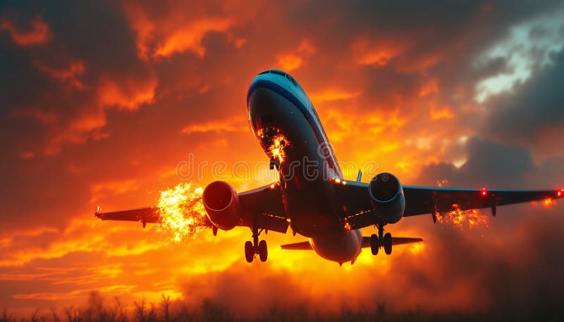 Fiery Airplane Sunset Takeoff Stock Illustration - Illustration of ...