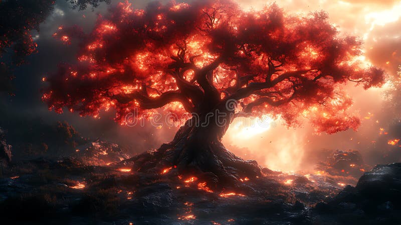 Fiery, Ancient Tree Ablaze at Sunset, Roots Glowing Amidst Volcanic ...