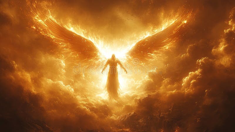 Fiery Angel Ascends through Burning Clouds Stock Illustration ...