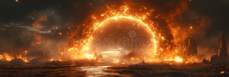 Fiery Apocalyptic Landscape Burning Ring of Fire Desolate World Inferno ...