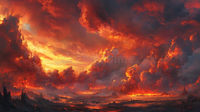 Fiery Apocalyptic Sunset Landscape Stock Illustration - Illustration of ...